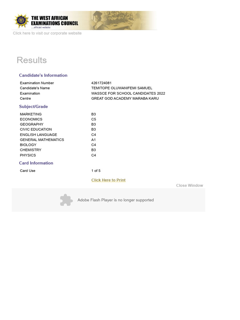 Waecdirect Online - Results | PDF