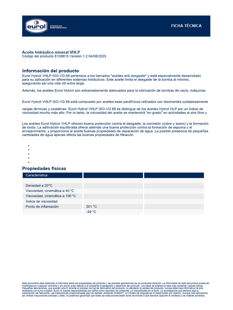 Eurol Hykrol VHLP ISO 68: Información Del Producto | PDF | Petróleo ...