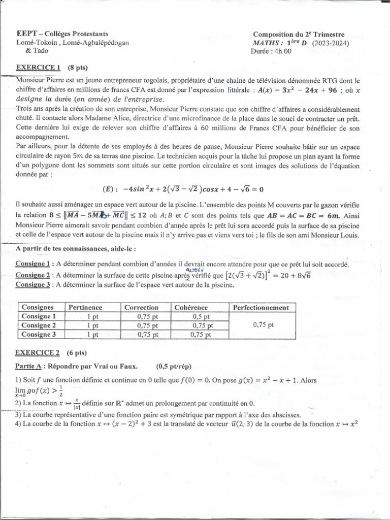 1ere D Maths Compo 2T | PDF