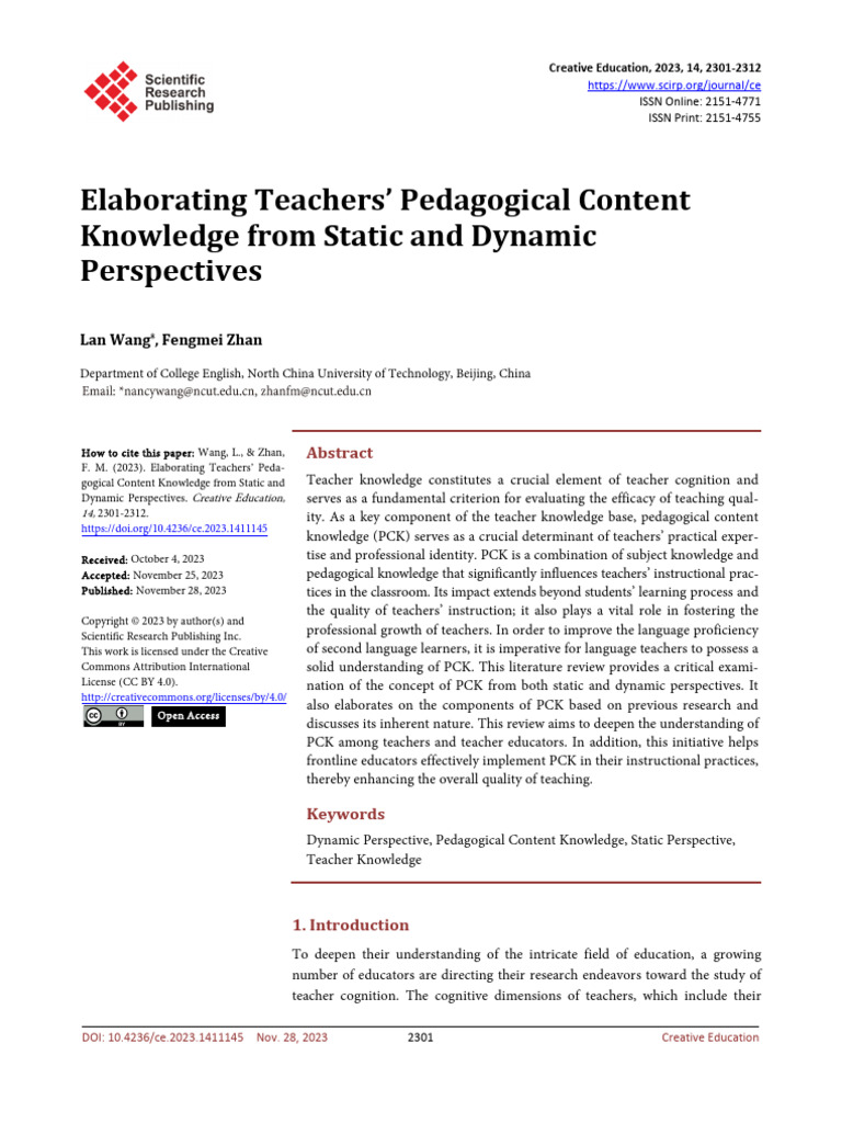 Wang_Shan_2023_Elaborating Teachers Pedagogical Content Knowledge Form Static and Dinamic ...