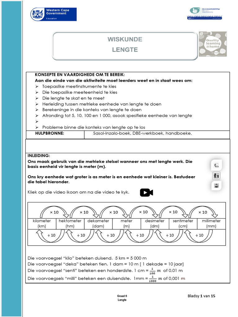 GR 6 Wiskunde K3 W3 Lengte Les | PDF