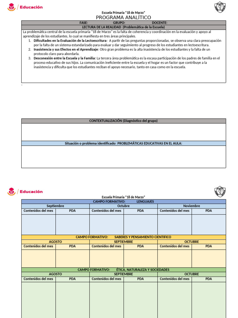Formato de Programa Analitico de Escuela | PDF | Educación primaria | Aprendizaje