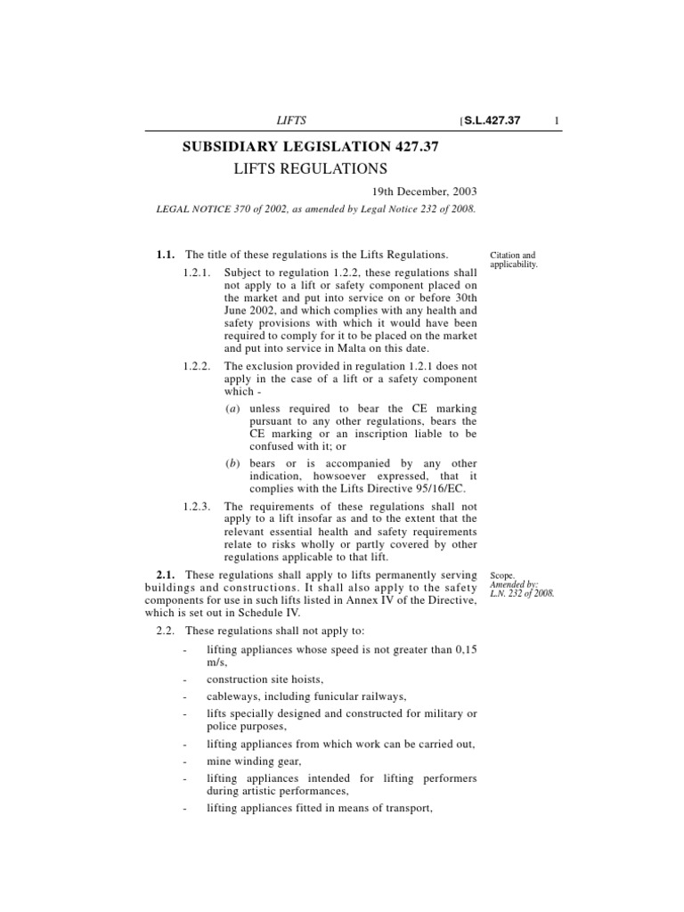 LN 370 of 2002 - Lifts Regulations | PDF | Elevator | Safety