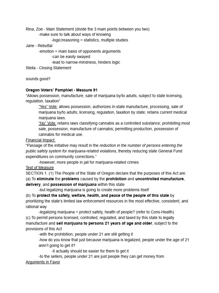 Pros and Cons of Oregon Measure 91 | PDF | Cannabis (Drug ...