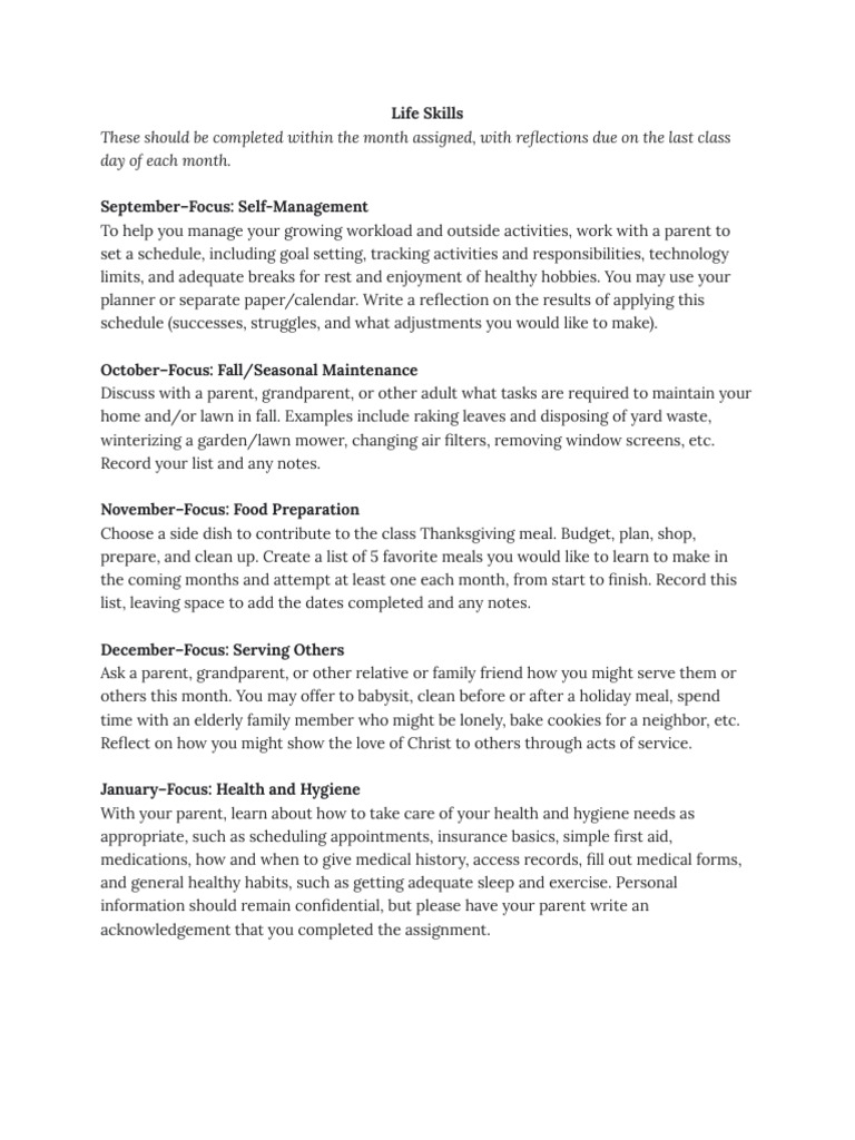 Essential Life Skills Monthly Guide | PDF