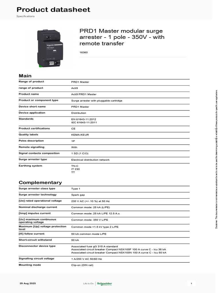 Acti9 PRD1 Master Surge Arrester 350V | PDF | Computer Engineering ...