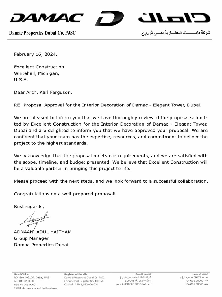 Proposal Approval for Damac Tower | PDF