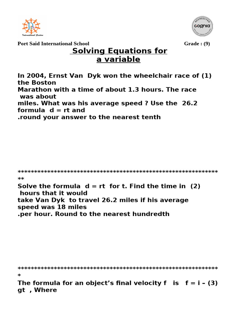 Solving Equations For A Variable | PDF