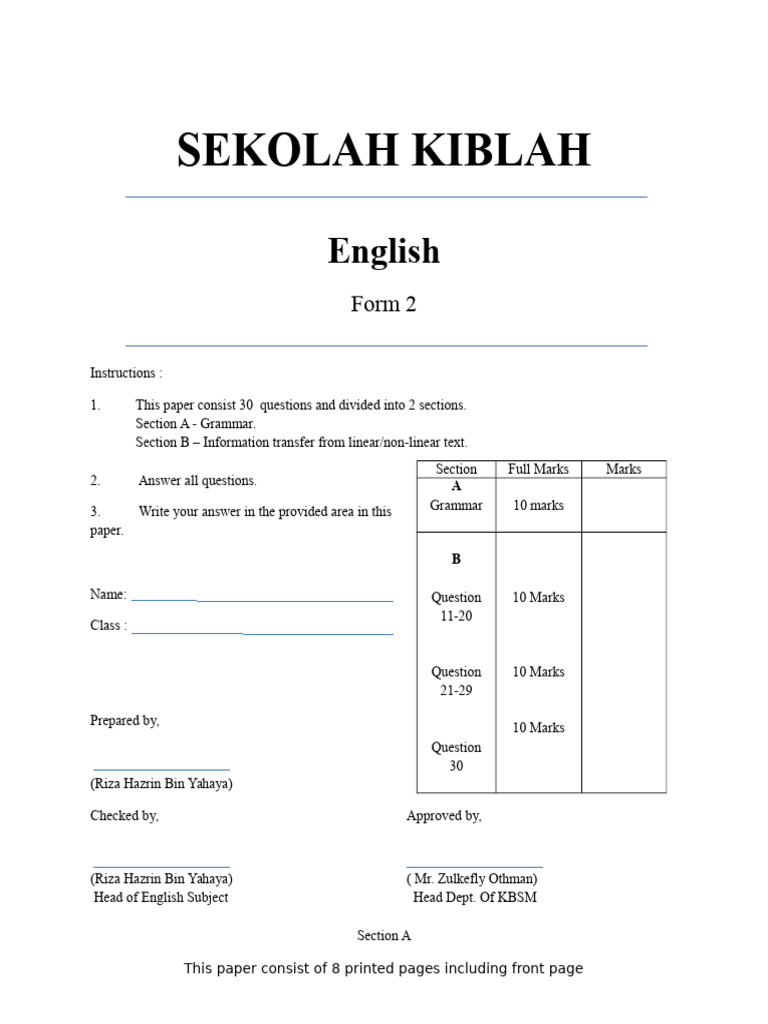 Form 2 English Exam Paper 2015 | PDF