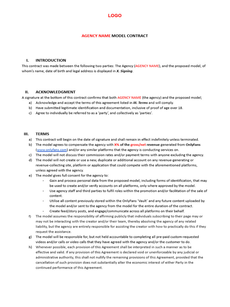 Model Agency Contract Template | PDF | Indemnity | Legal Liability