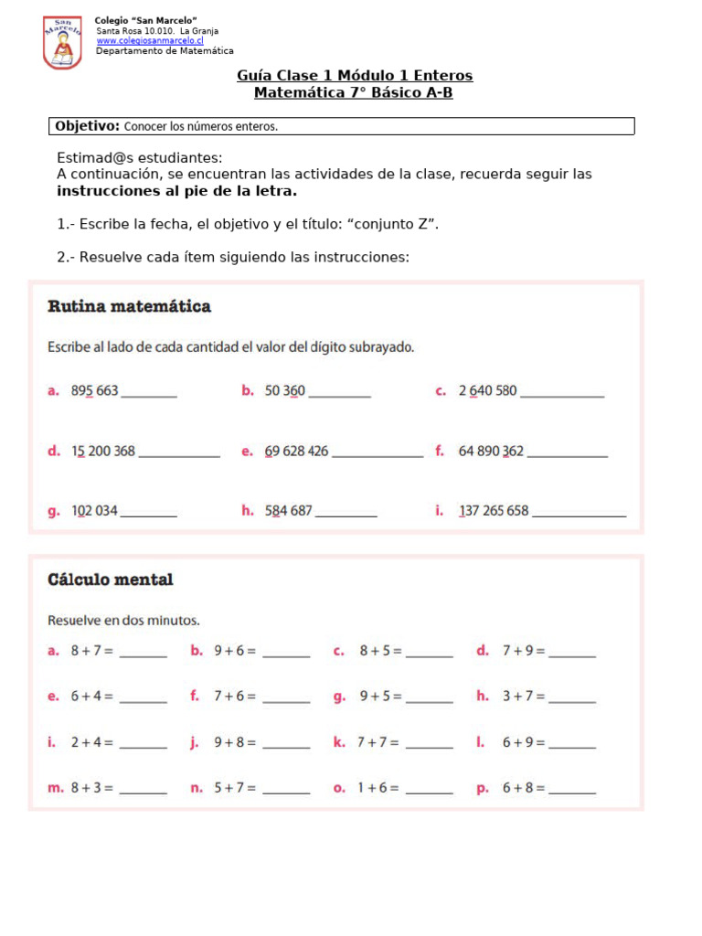 Guía Matemática 7mo Enteros Clases 1 2 y 3o | PDF