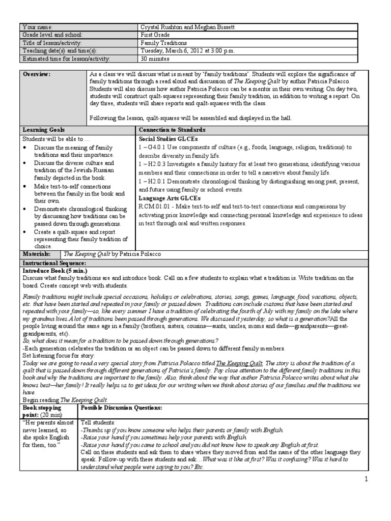 Tradition Lesson Plan | Traditions | Quilt