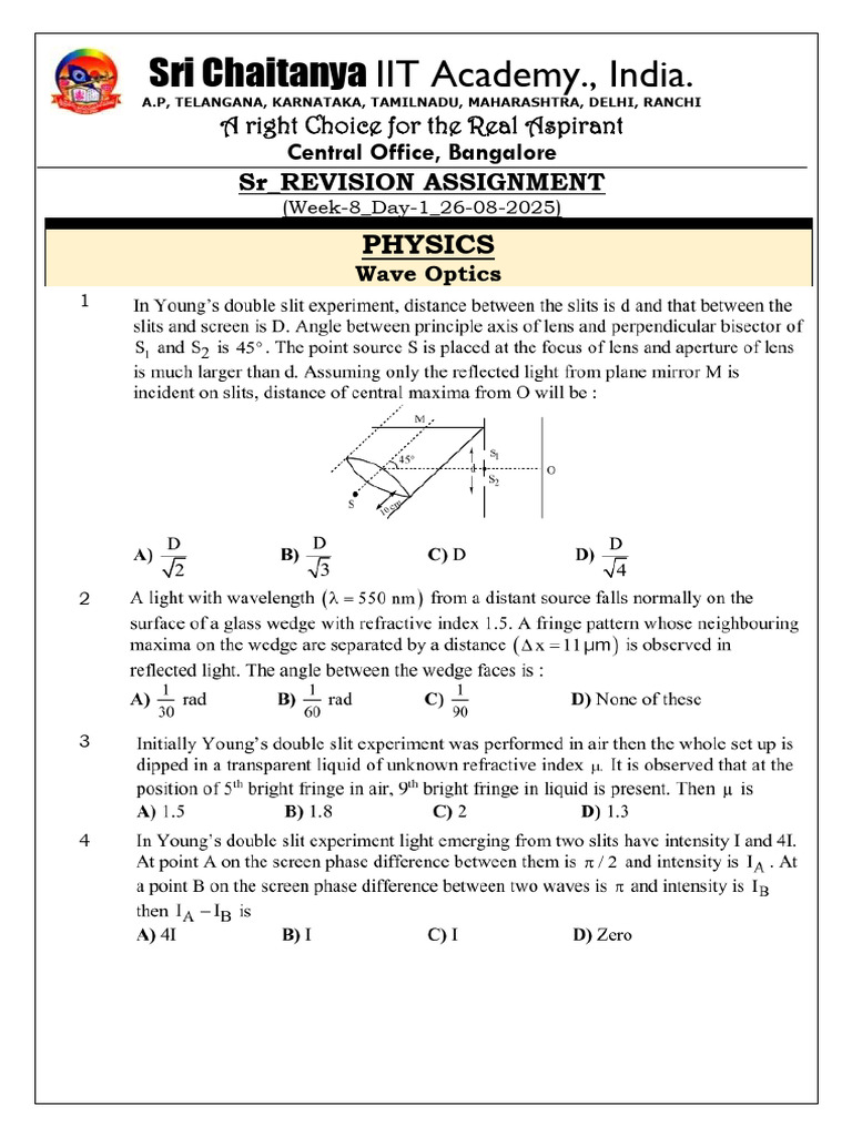 PHY REV - ASSN W-8 Day-1 26-08-2025 | PDF | Wavelength | Motion (Physics)