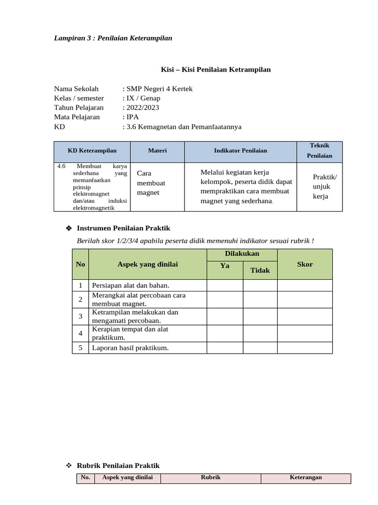 R04 Lampiran 3 - Penilaian Keterampilan | PDF