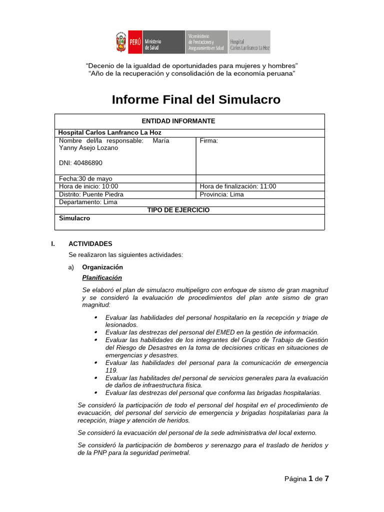 Informe Final Del Simulacro HCLLH (1) (1) | PDF | Hospital
