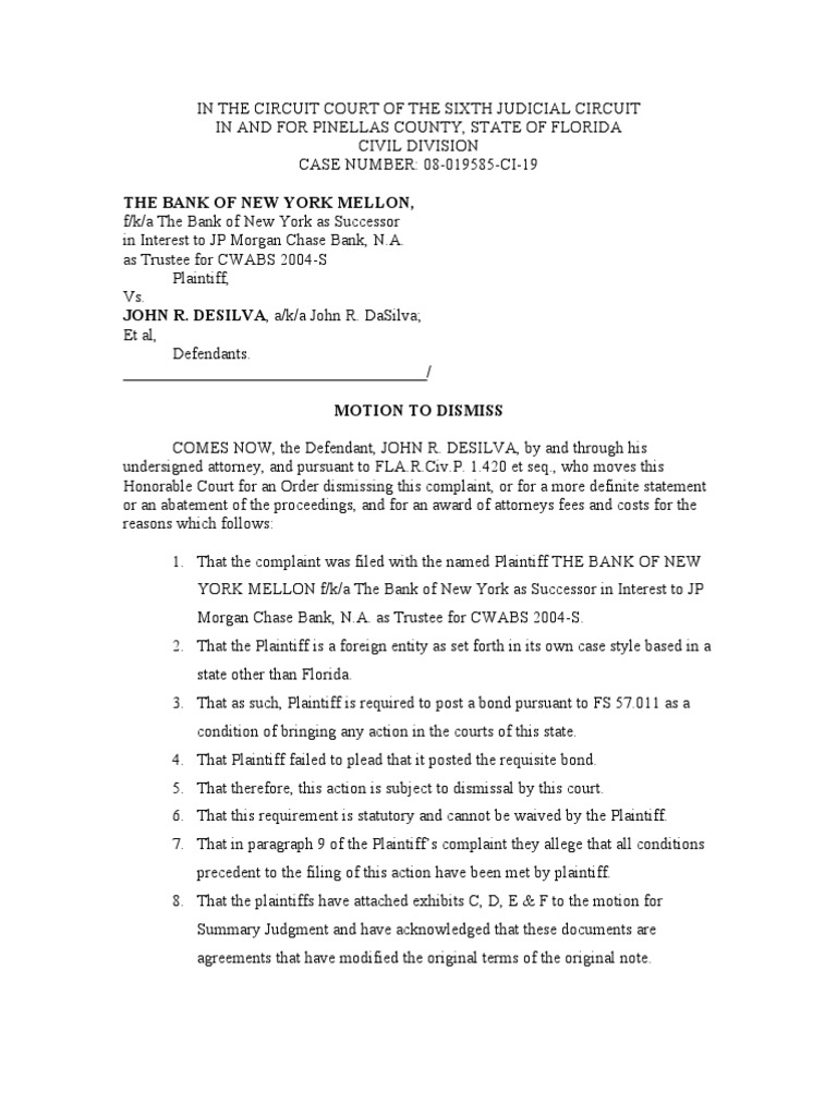 FL Motion To Dismiss Foreclosure Complaint - Failure To Post Cost Bond ...