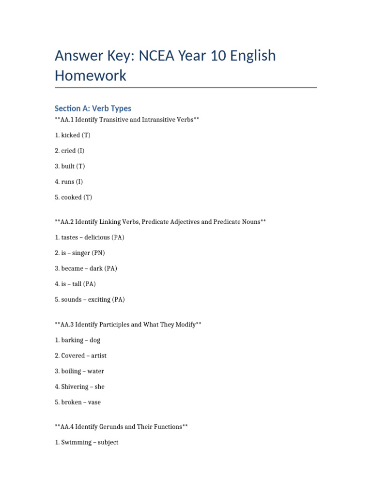 NCEA Y10 Homework Answer Key | PDF