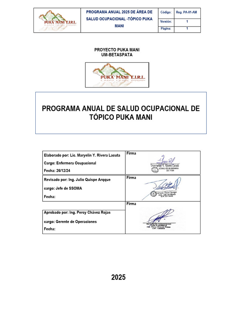 Plan Anual 2025 - Tópico Puka Mani | PDF | Seguridad y salud ocupacional | Empleo