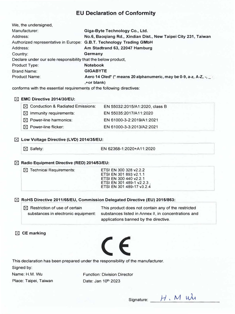GIGABYTE Aero 14 Oled CE Compliance Document | PDF | Safety ...