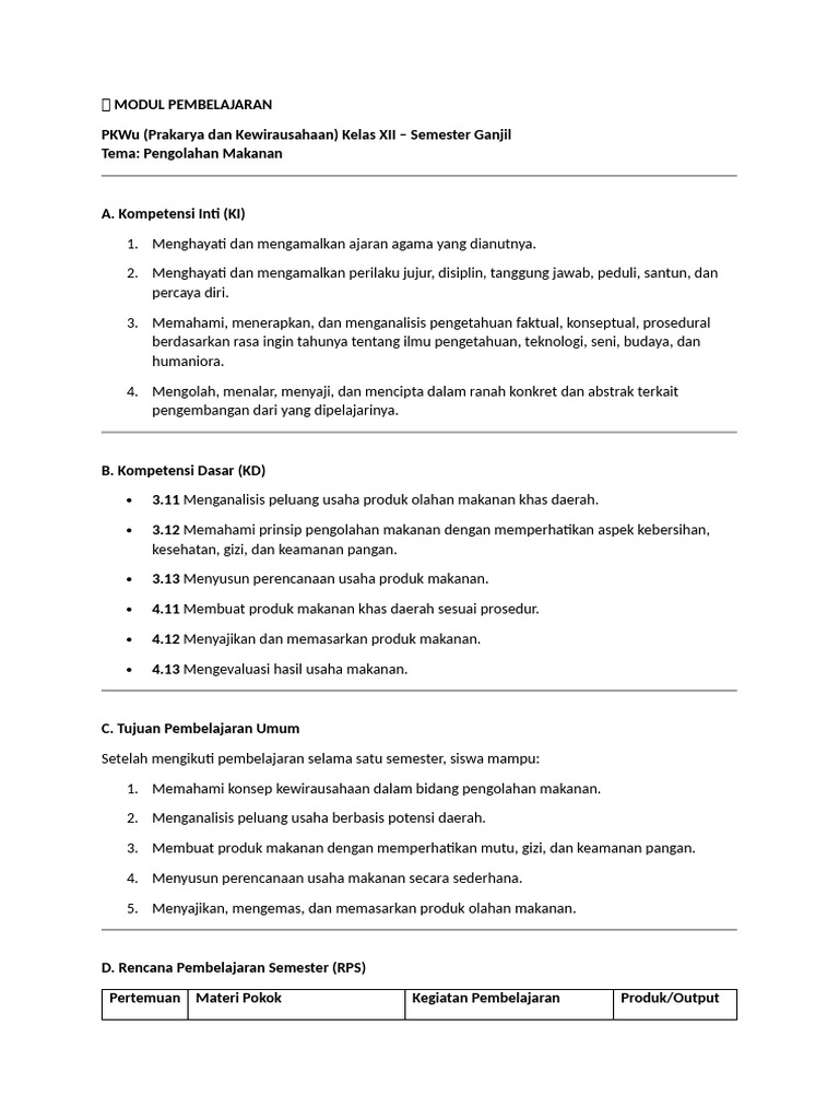 MODUL PEMBELAJARAN Pkwu Kelas Xii 1 Semester | PDF