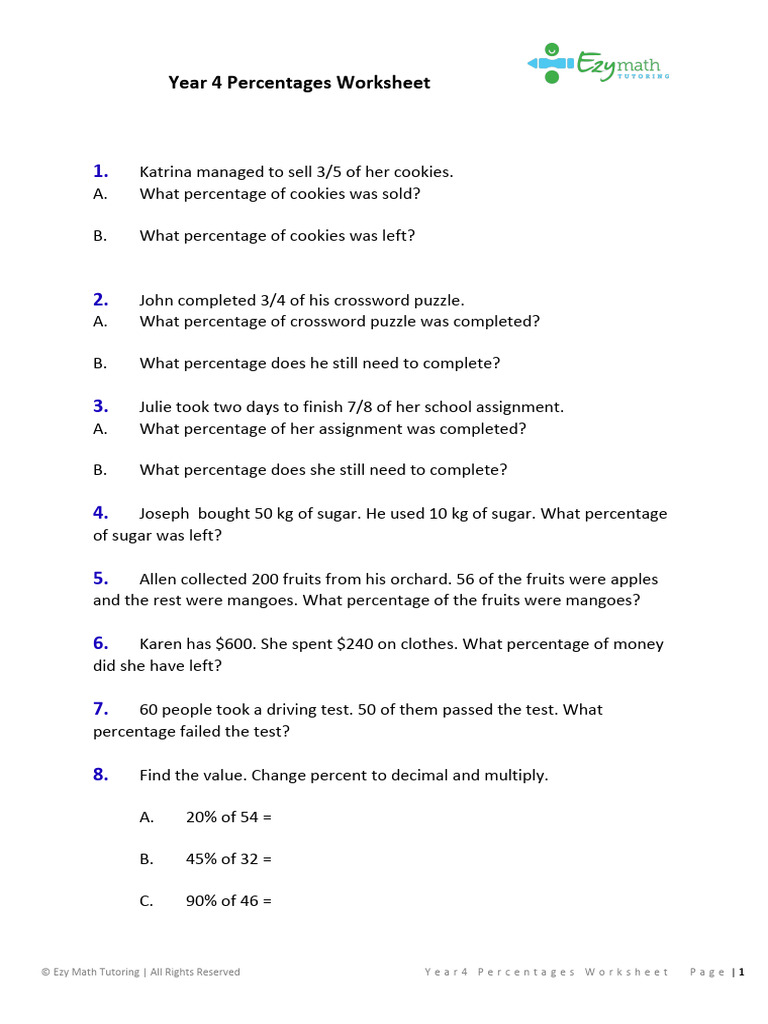 Year 4 Percentages Practice Worksheet | PDF | Percentage | Chess Openings