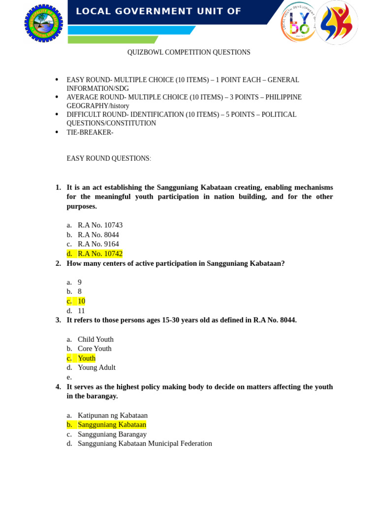 Quiz Bowl Questions on Philippine Topics | PDF | Philippines | Government