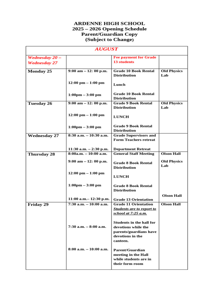 Ardenne High School 2025-2026 Schedule | PDF