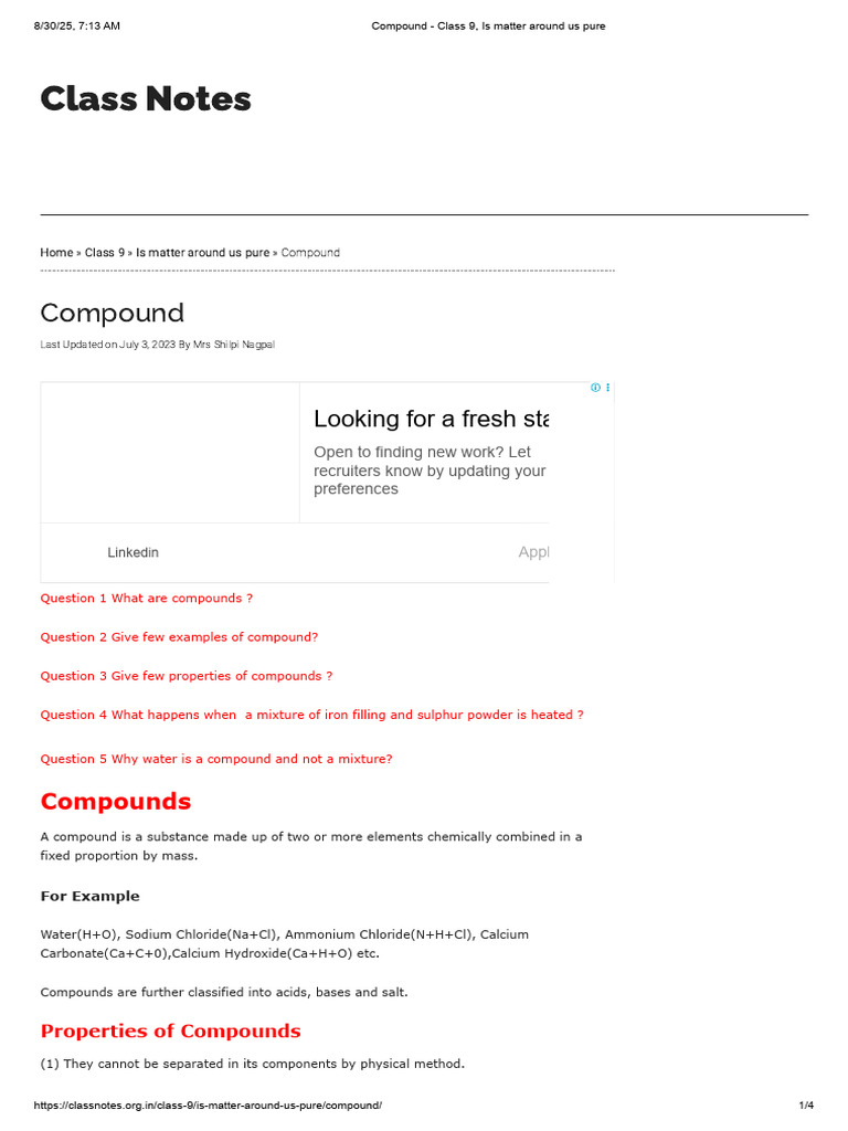 Understanding Compounds in Class 9 | PDF | Chemical Compounds ...