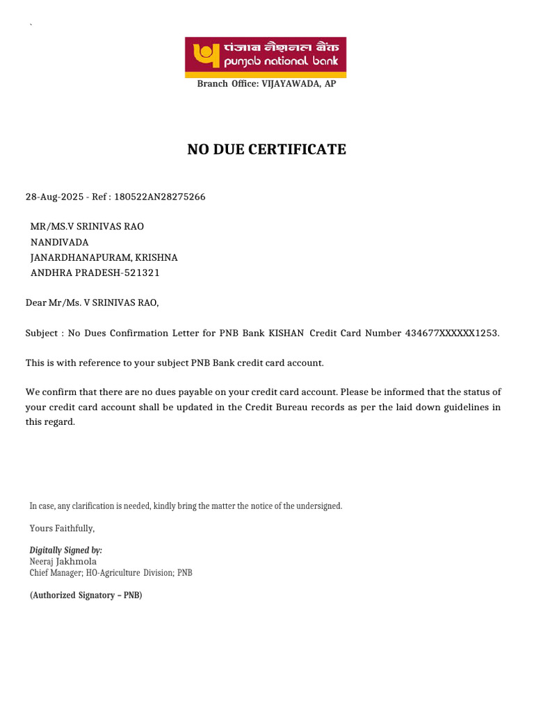 No Dues Confirmation for PNB Credit Card | PDF
