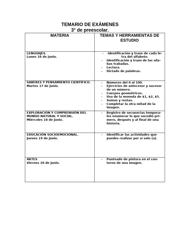 Temario de Exámenes 3° Preescolar | PDF