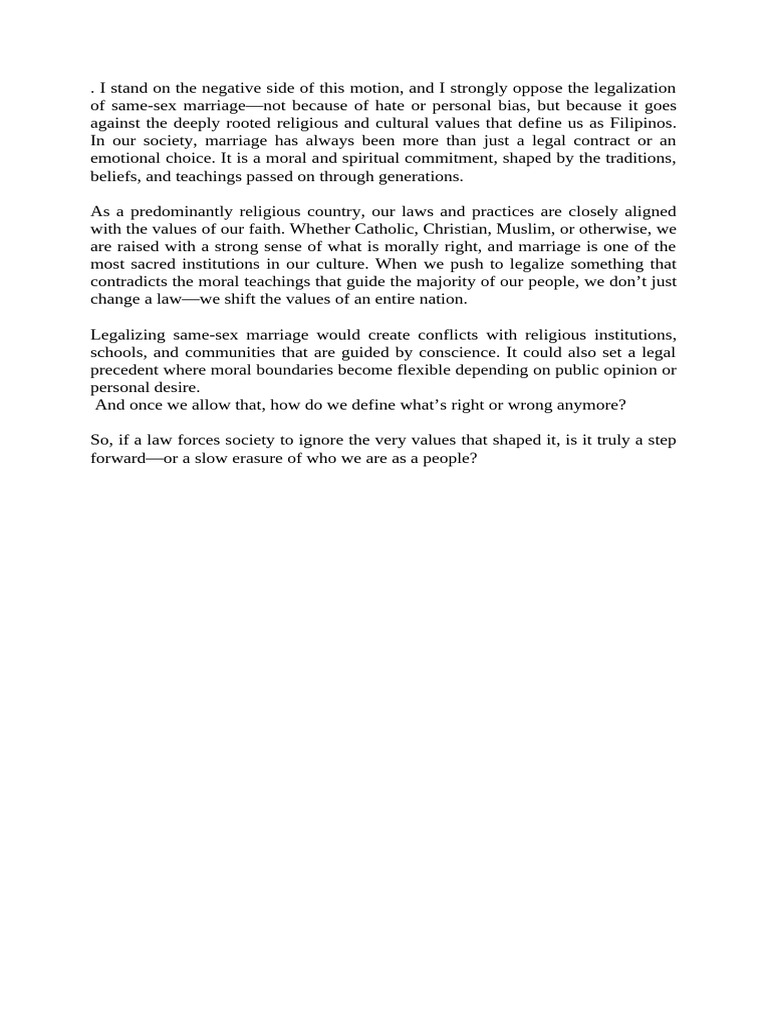 I Stand On The Negative Side of This Motion | PDF | Marriage | Same Sex ...