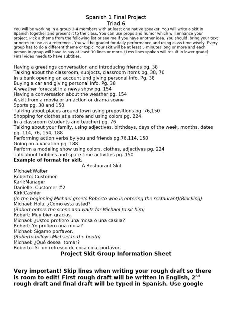 Spanish 1 Final Project Details | PDF | English Language | Linguistics