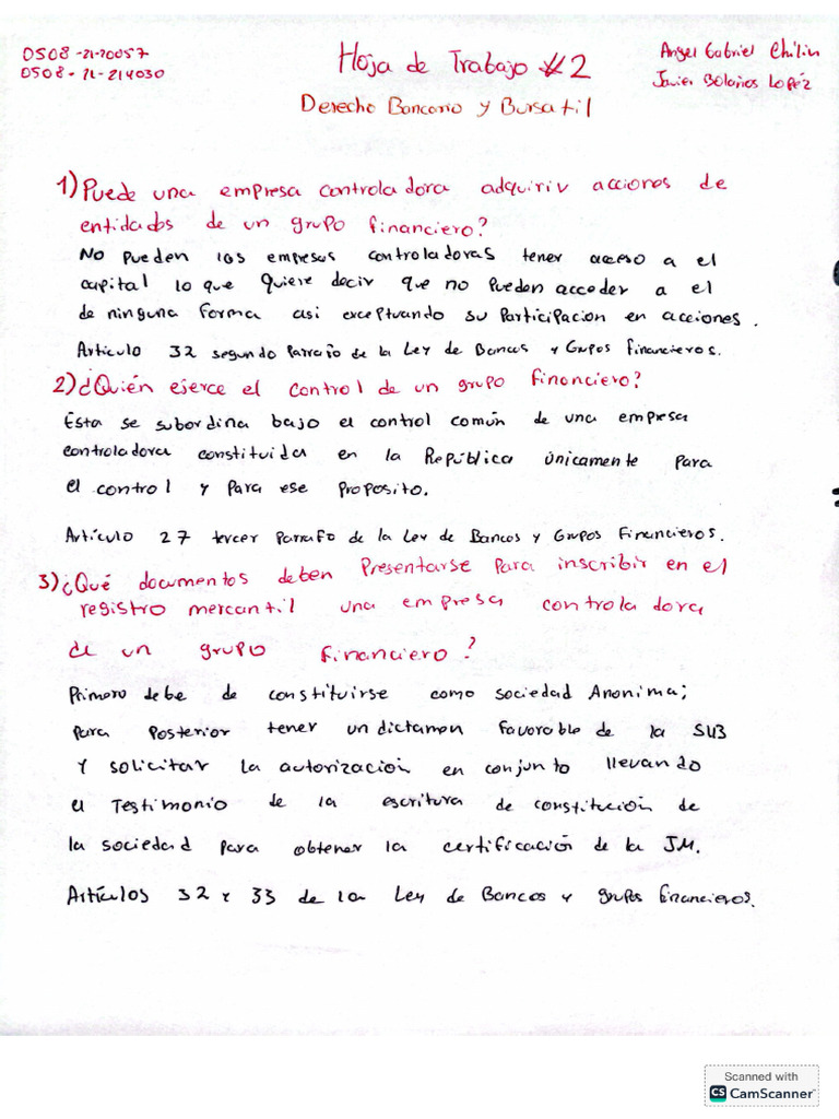 Hoja de Trabajo 2 Derecho Bancario | PDF