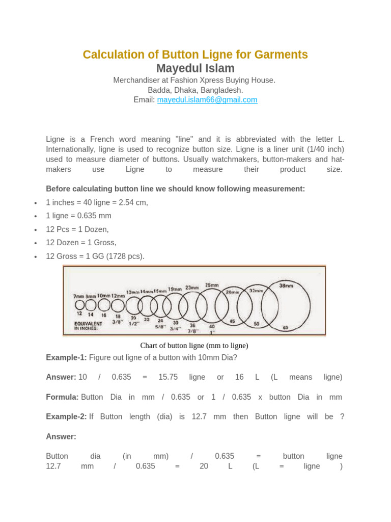 Button Ligne Calculation for Garments | PDF