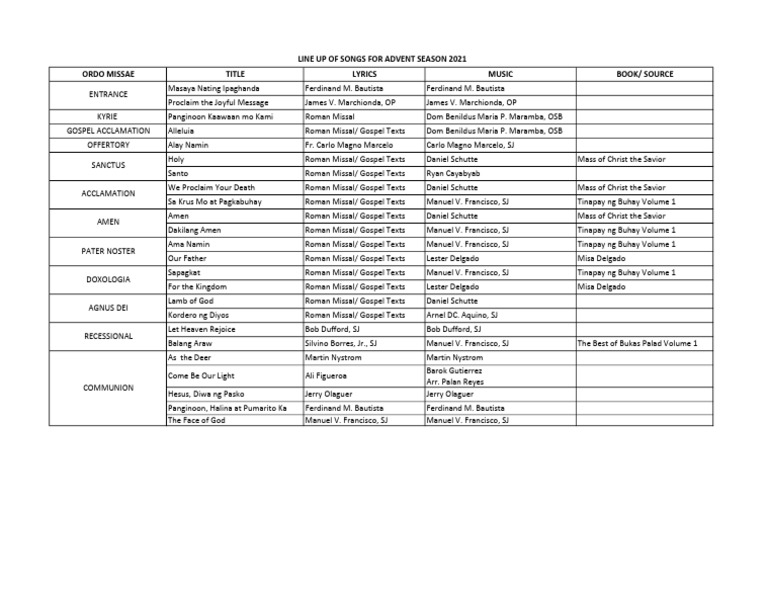 Line-Up of Songs For Advent Season 2021 | PDF | Mass (Liturgy ...
