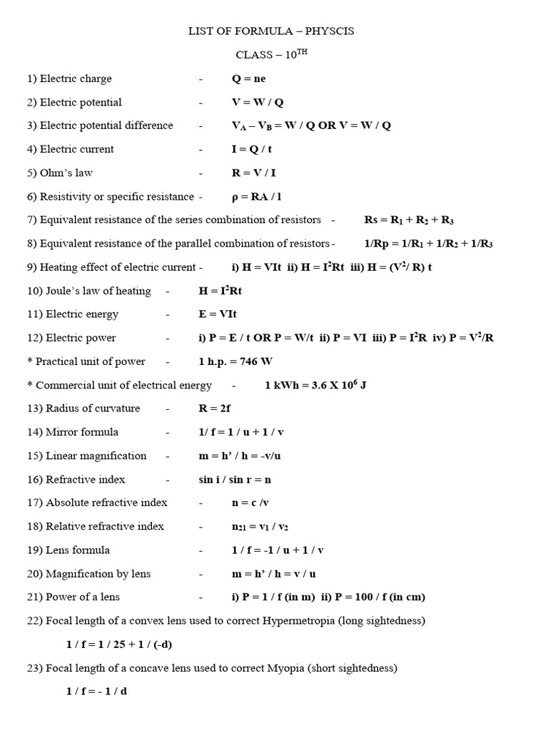 List of Formula 10th Physics | PDF