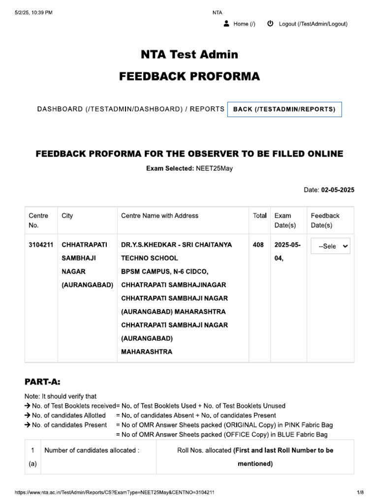 Feedback Form NTA Exam 4.5.2025 | PDF