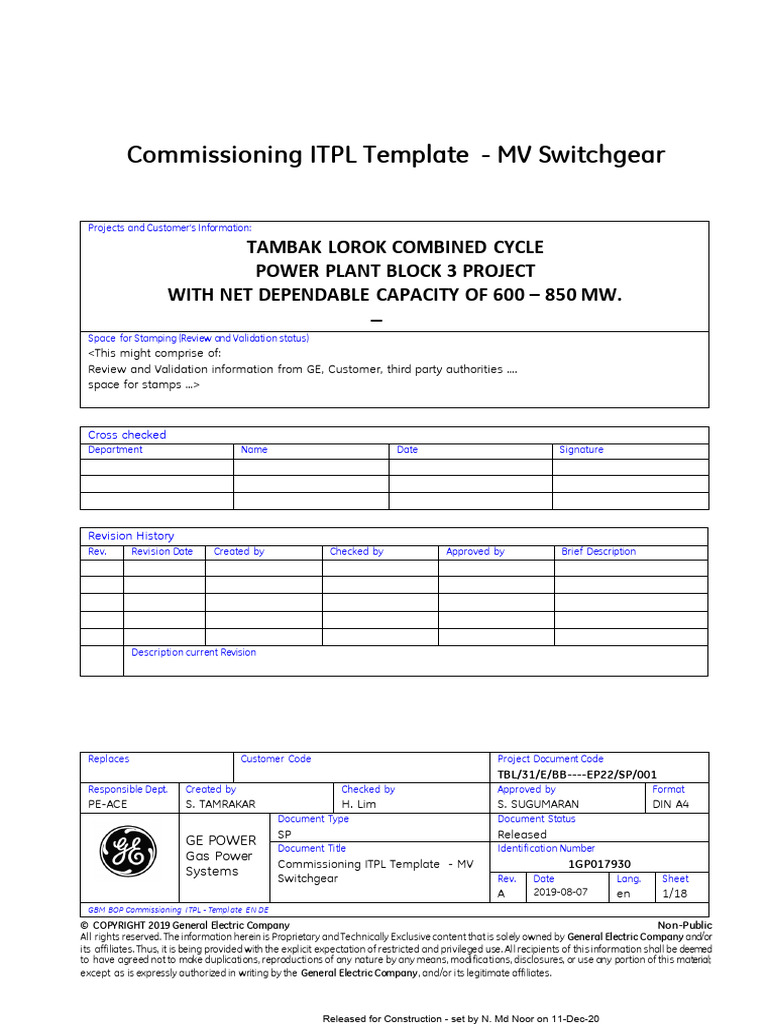 TBL 31 E BB EP22 SP 001 en a Commissioning ITPL Template MV Switchgear_01 | PDF | Electricity ...