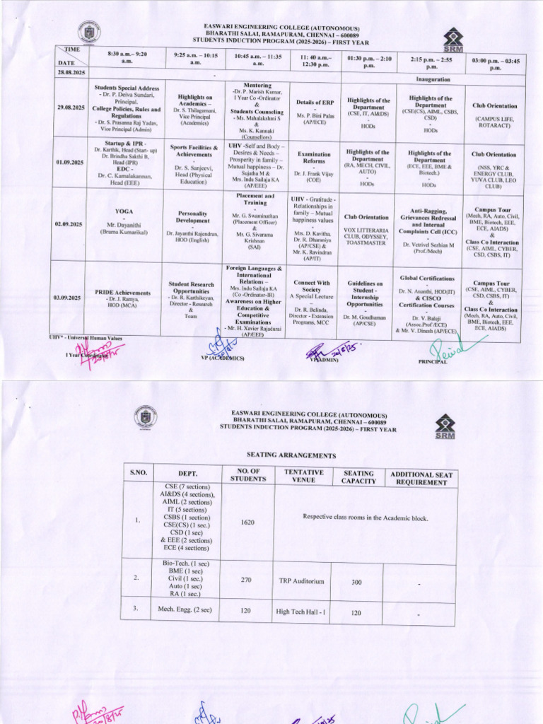 Students Induction Programme First Year Schedule Pdf