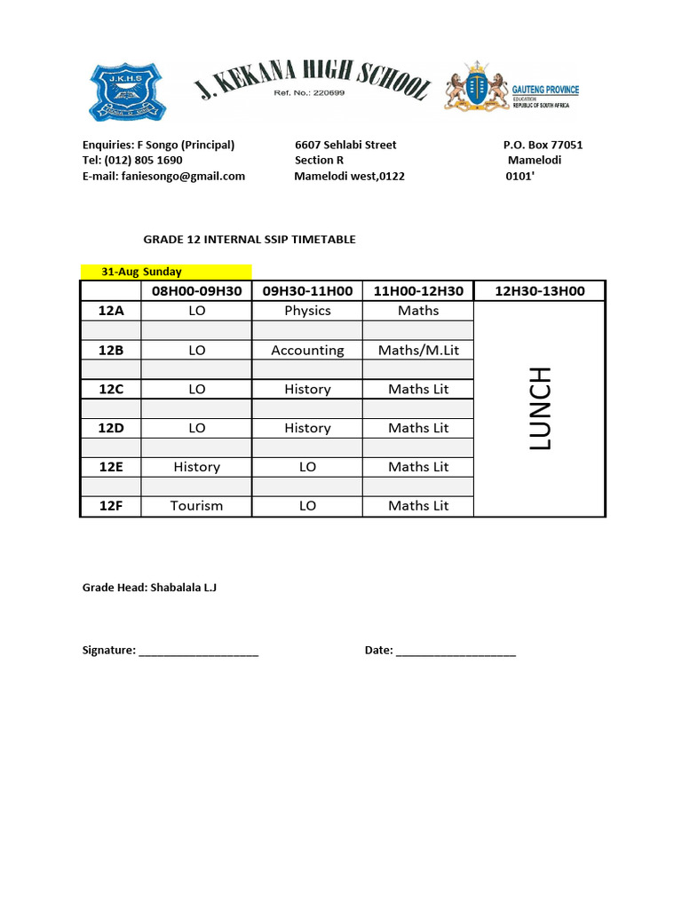 Grade 12 SSIP Timetable 2023 | PDF