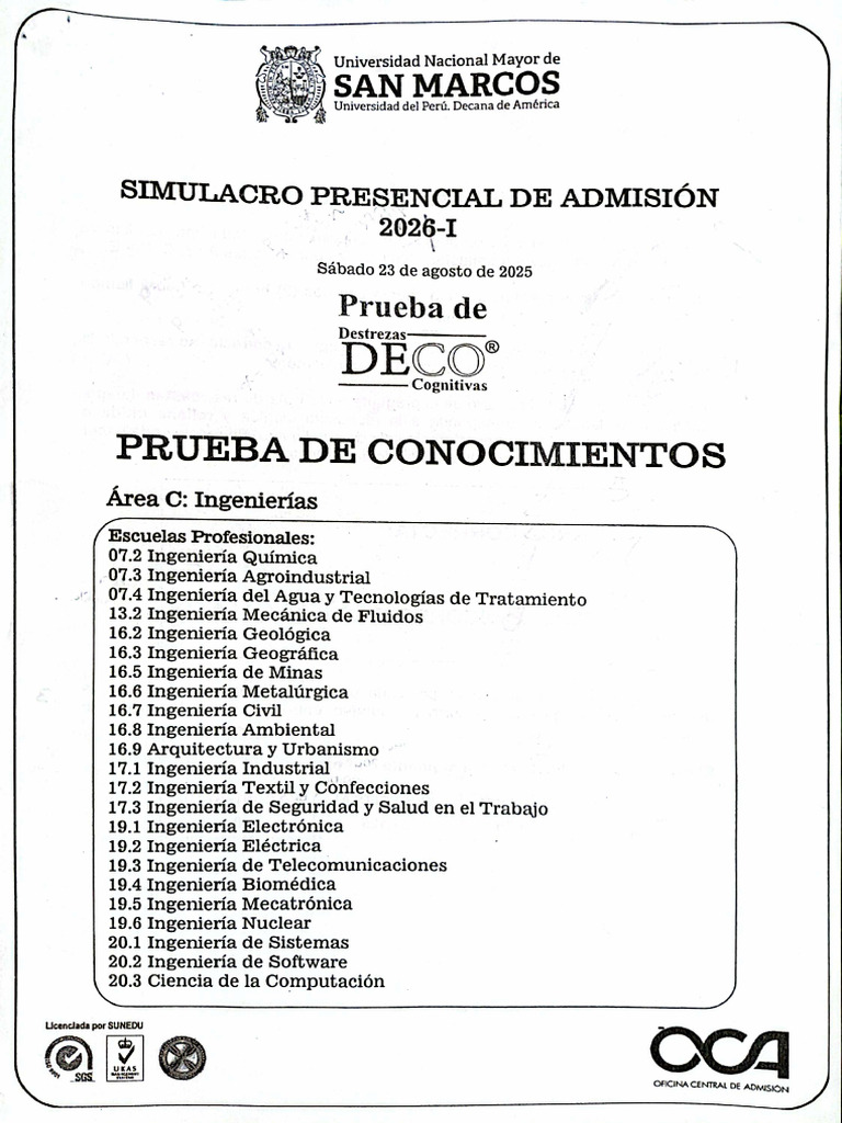 Examen Área C - Simulacro Unmsm 2026 I | PDF