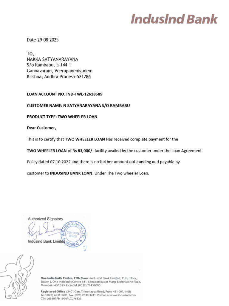 Satyanarayana IndusInd Noc | PDF