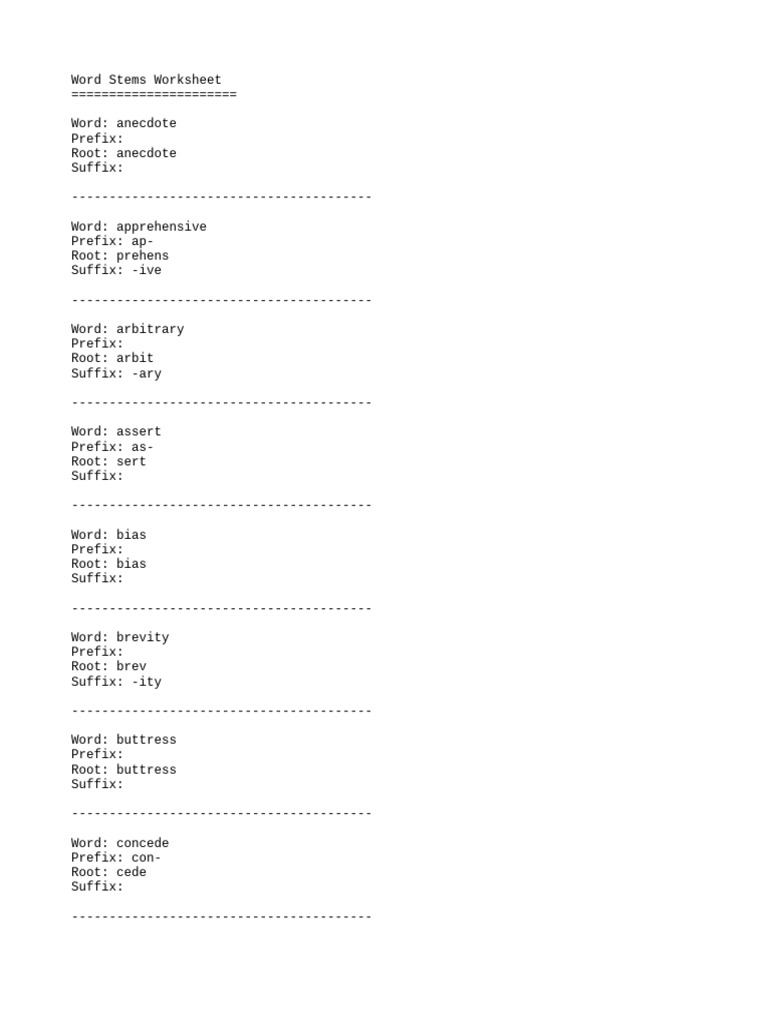 Word Stems Analysis Worksheet | PDF