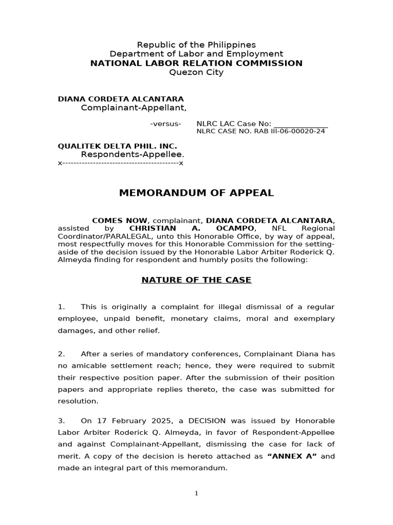 Memorandum of Appeal NLRC | PDF | Crimes | Crime & Violence