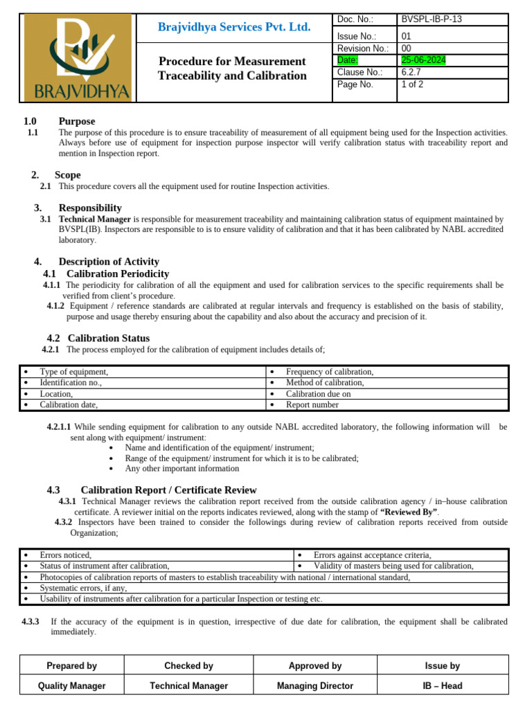 Measurement Traceability & Calibration Procedure | PDF | Calibration