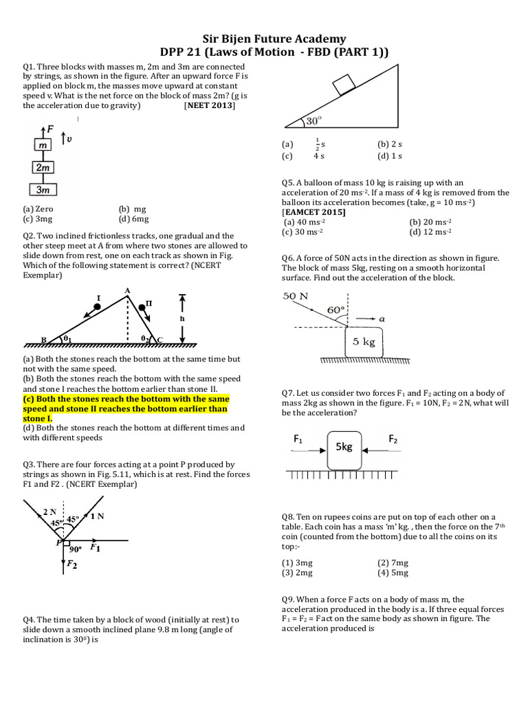 DPP 21 - Laws of Motion (FBD Part 1) | PDF | Force | Mass