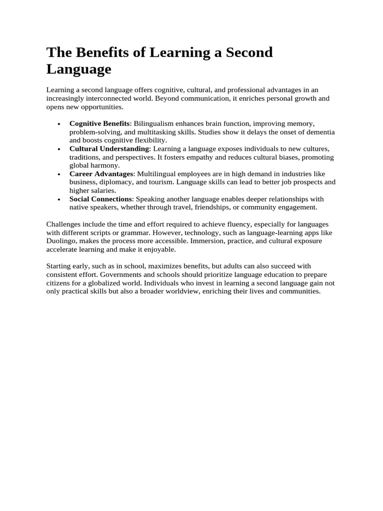 Benefits of Learning a Second Language | PDF