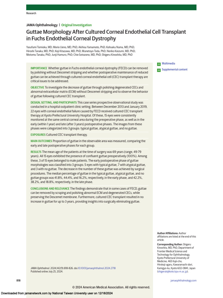 Guttae Morphology After Cultured Corneal Endothelial Cell Transplant in ...