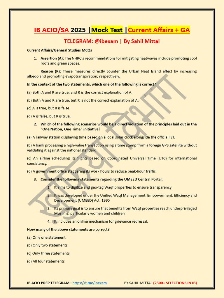 IB ACIO_SA 2025 Mock Test 07 August 2025 | PDF