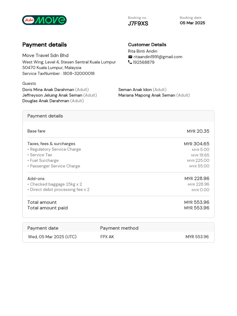 Travel Payment Receipt for Booking J7F9XS | PDF